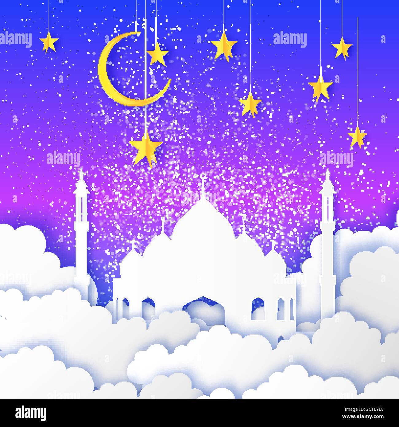Ramadan Kareem. Arabic Mosque, gold stars, clouds in paper cut style ...