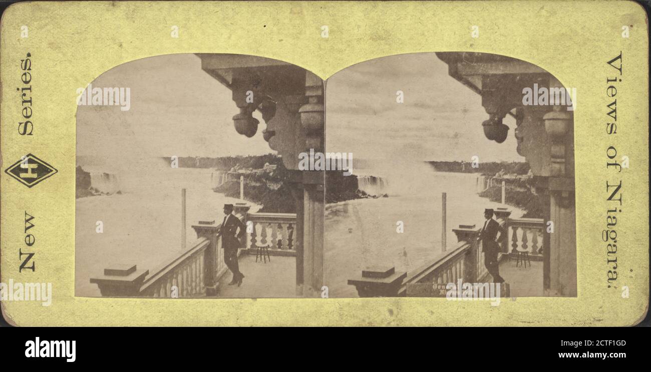 General view, Niagara Falls. Man standing on balcony above falls., New ...