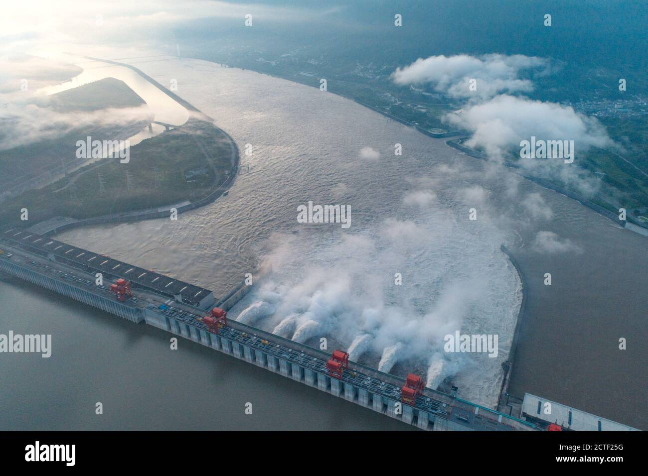 An aerial view of floodgates of the Three Gorges Dam opened to ...