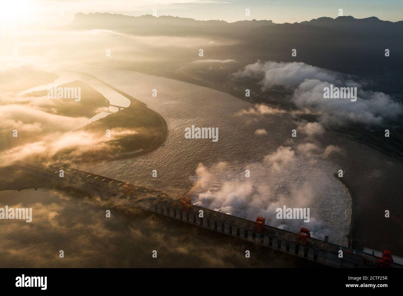 An aerial view of floodgates of the Three Gorges Dam opened to ...
