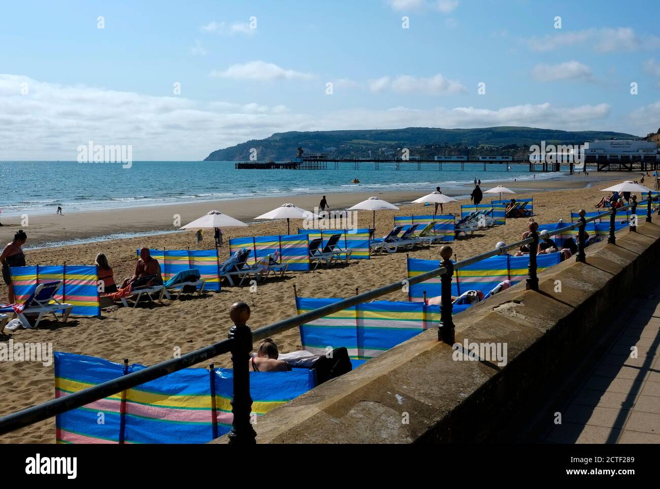 Sandown seafront Isle of Wight windbreaks deckchairs umbrellas sun ...