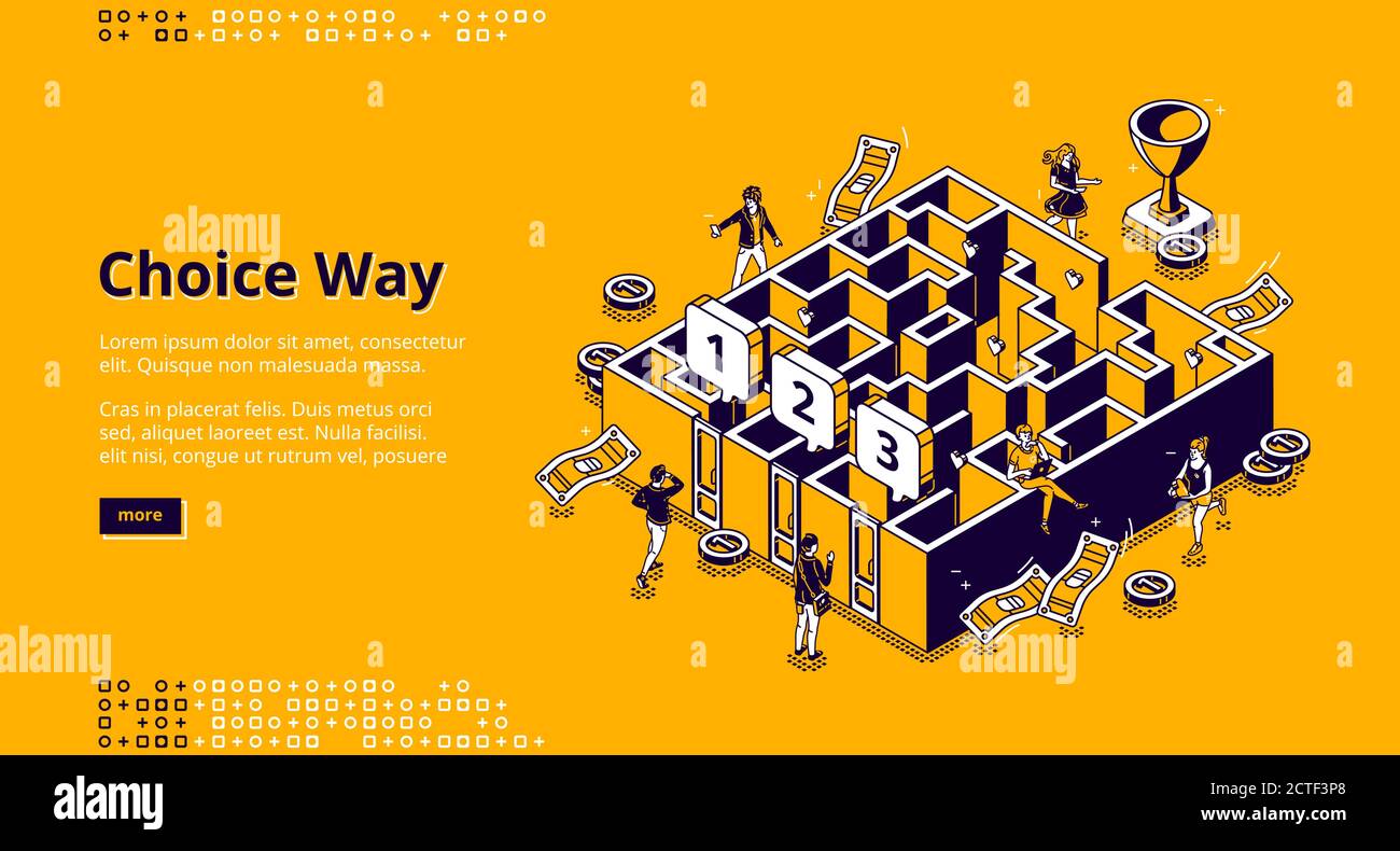 Choice way isometric landing page, business men choose between three ...