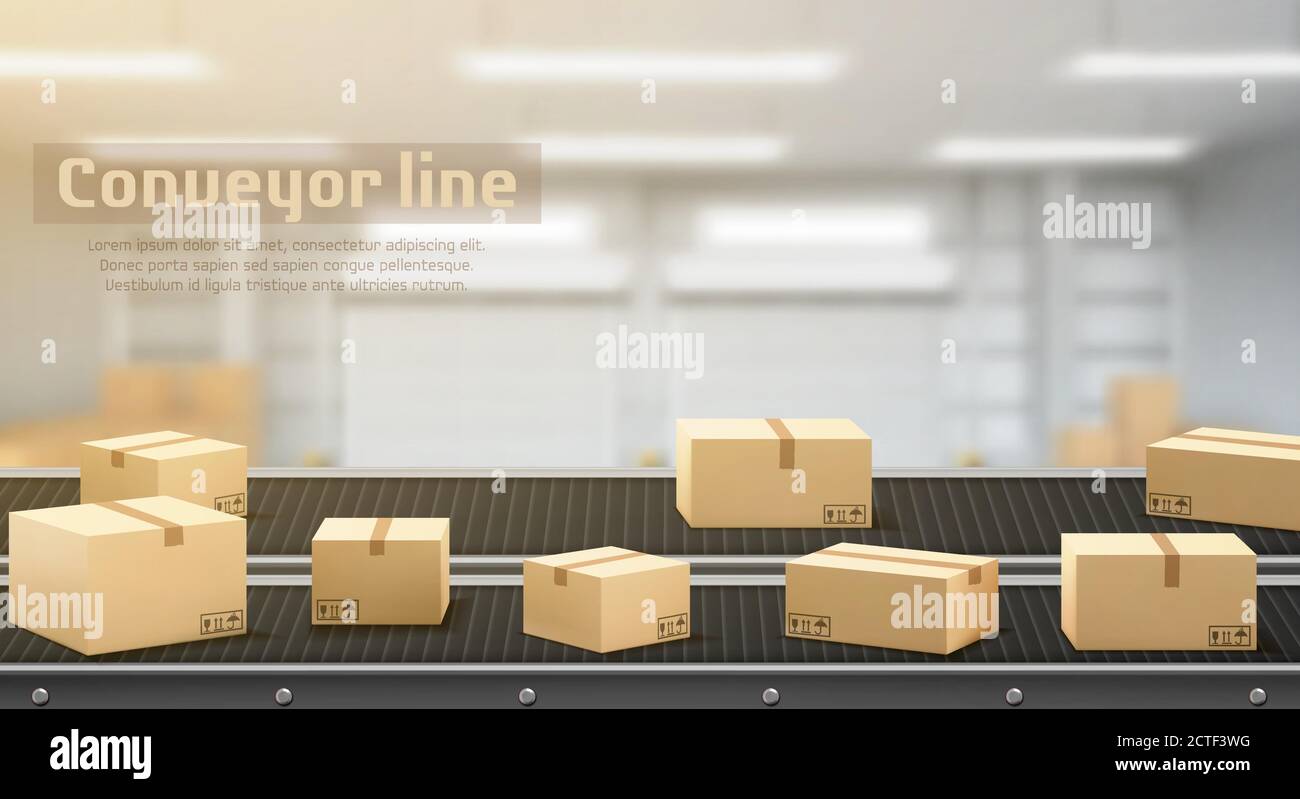 Conveyor line with carton boxes side view, industrial processing ...