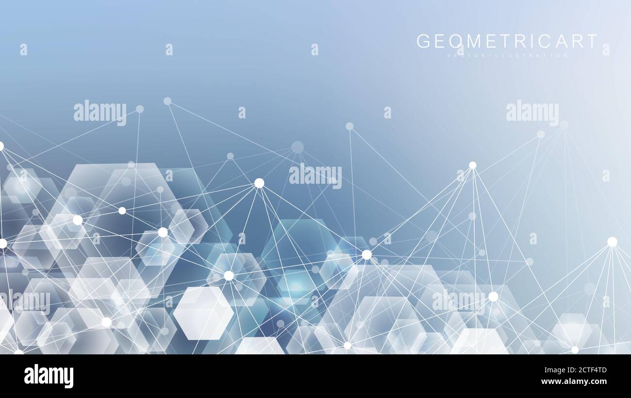Science network pattern, connecting lines and dots. Technology hexagons structure or molecular ...