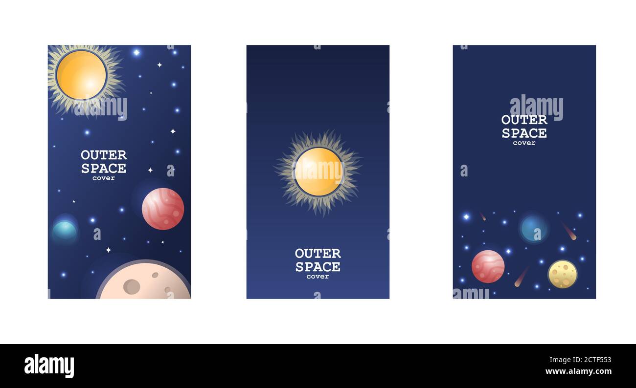 Cosmic vector illustration with fantasy universe planets. Set of banner ...
