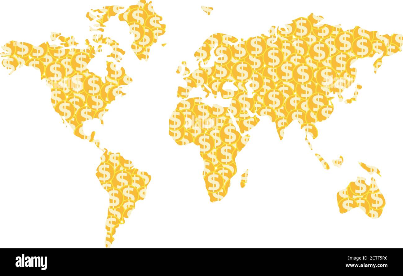 World map silhouette created from coins with dollar signs Stock Vector ...