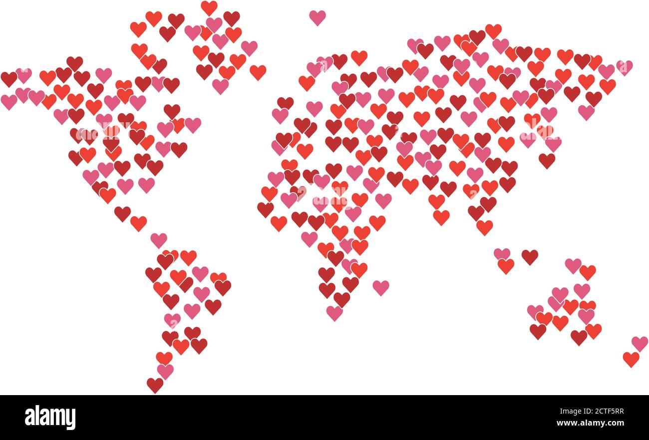 Map of the world created from red hearts. Isolated on white. Lot of ...