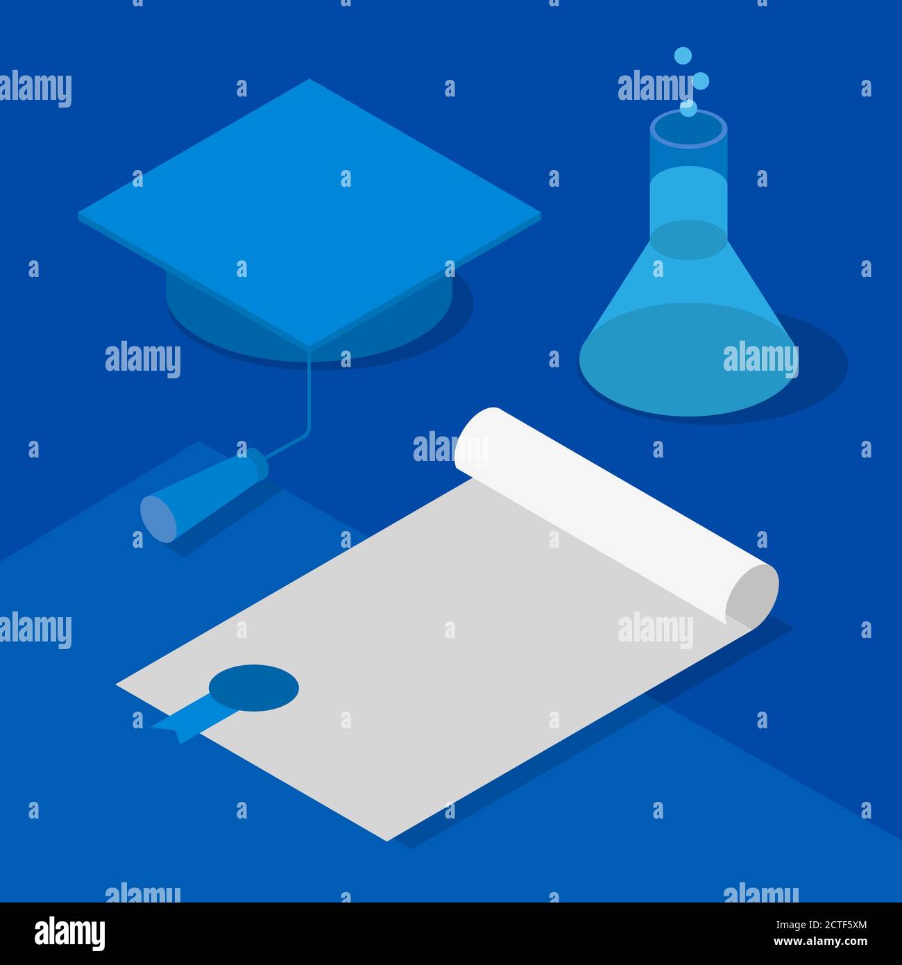 Graduation cap, certificate and flask with chemical liquid. Concept ...