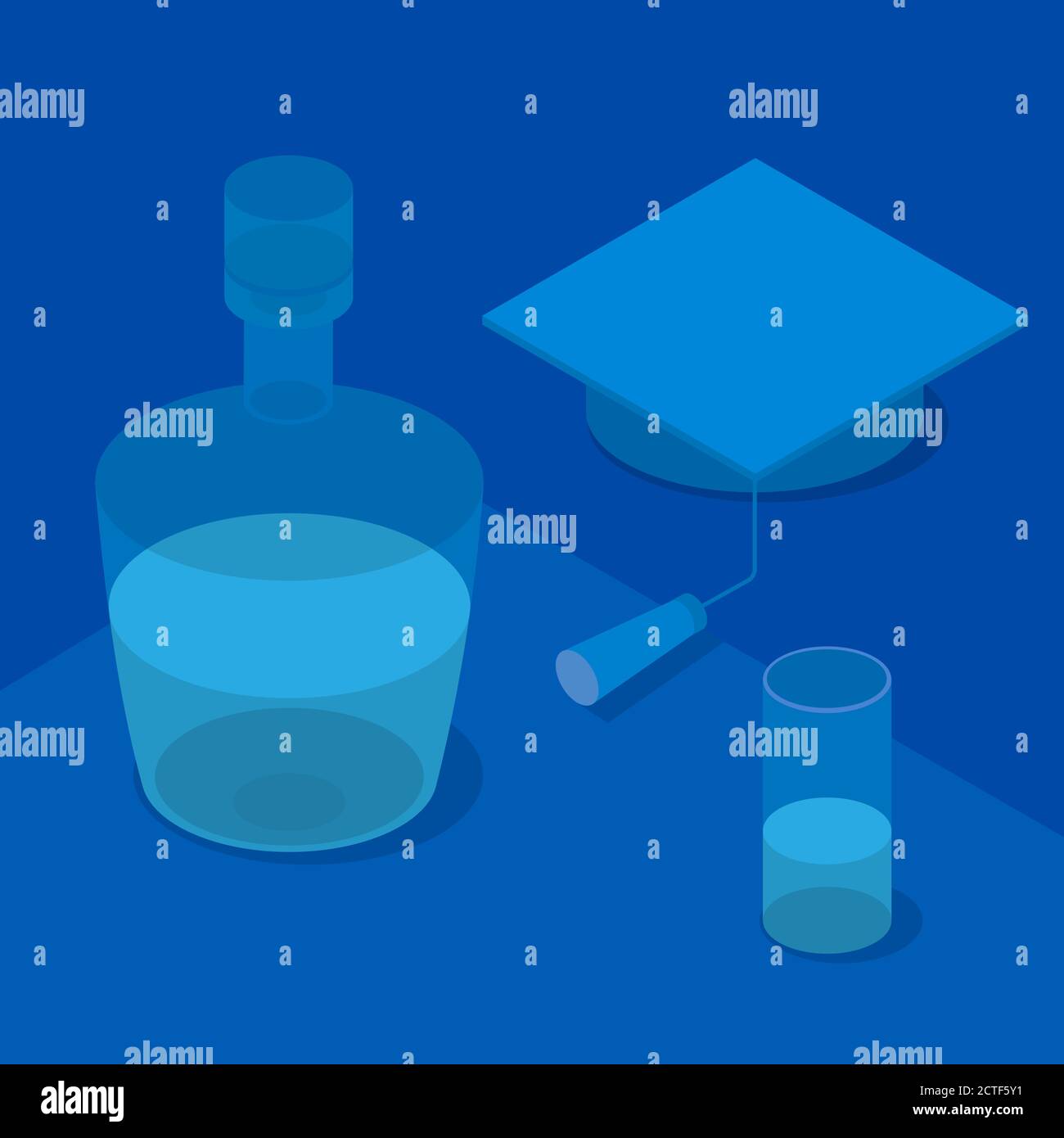 Graduation cap, glass and a bottle. Isometric 3D vector clip art in ...