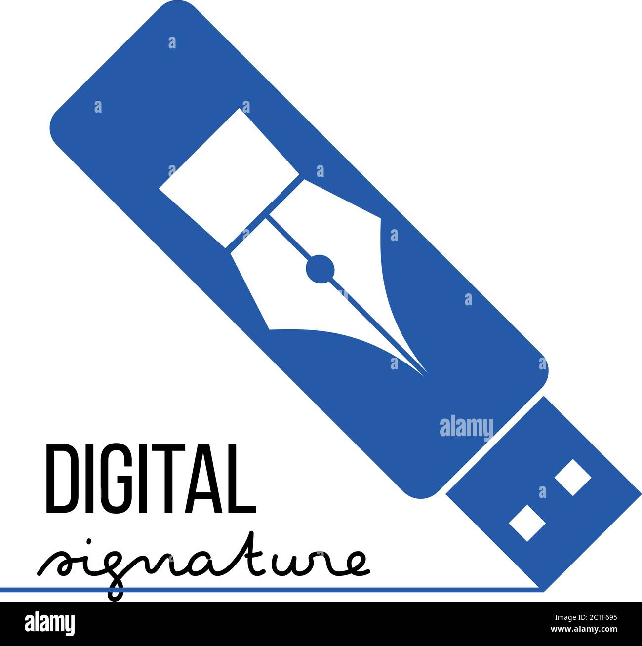 Blue USB flash silhouette with pen icon on it. Digital (electronic ...