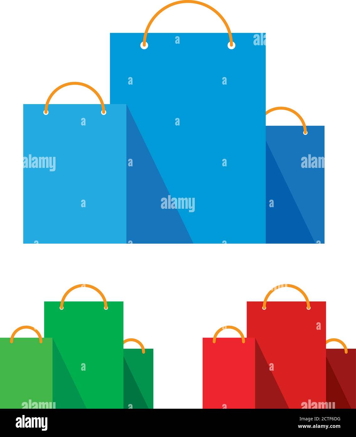 Group of bright flat shopping bags. Red, green and blue paper pockets ...