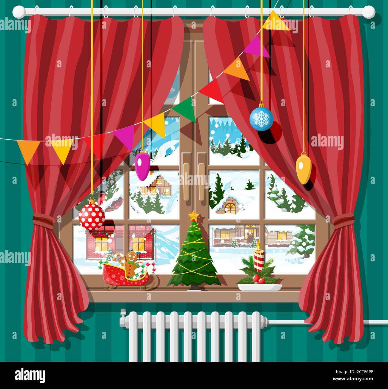 Winter window with red curtains, view from the room. Tree and candle on ...