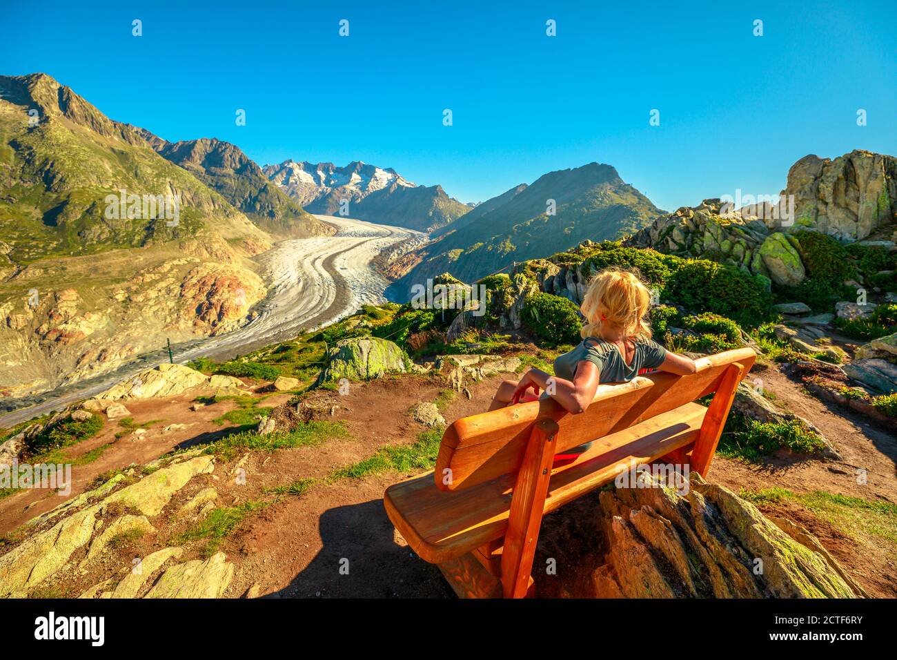 Aletsch Glacier from Moosfluh viewpoint in summer with clear blue sky ...