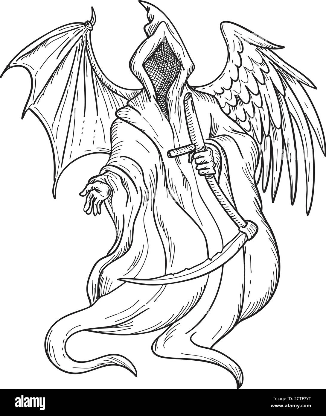 Drawing sketch style illustration of grim reaper or angel of death with ...