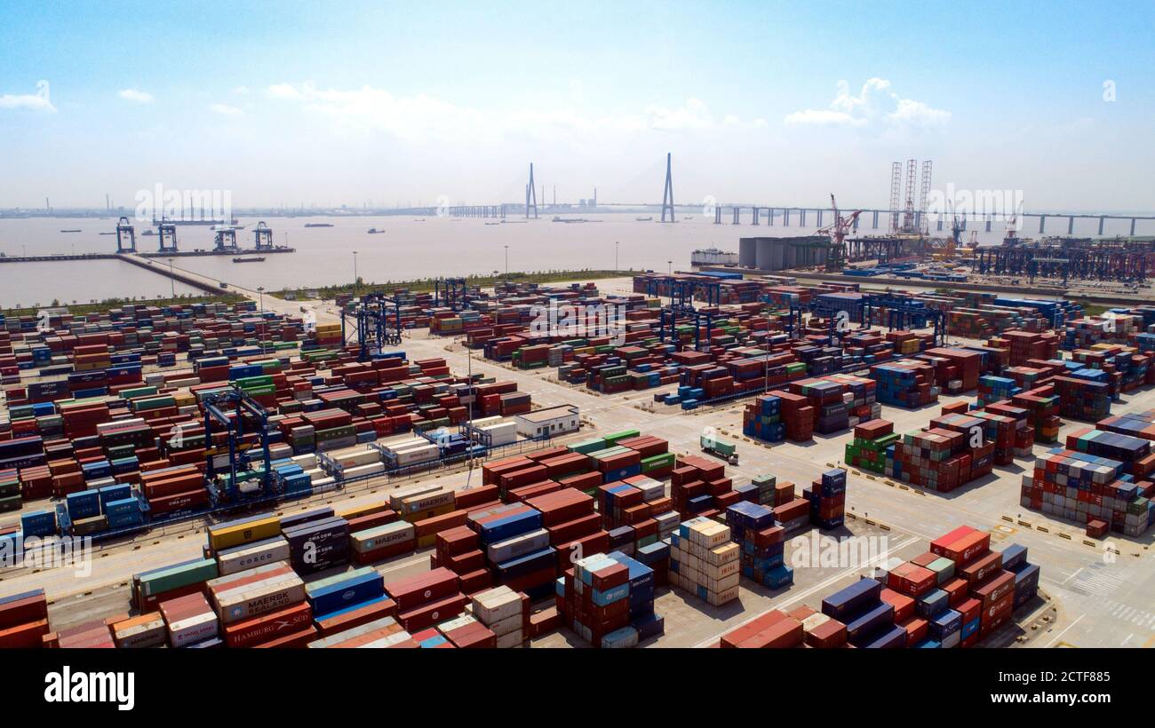 Aerial view of the busy operation of containers at the Nantong Port in ...