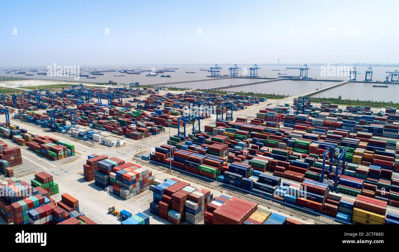 Aerial view of the busy operation of containers at the Nantong Port in ...