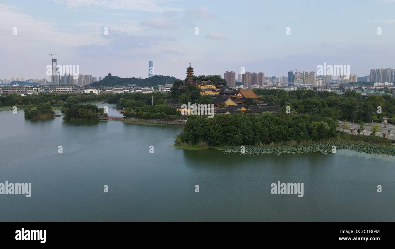 An aerial view of the Jinshan Temple, a Buddhist temple located in ...