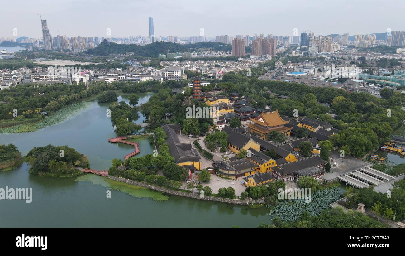 An aerial view of the Jinshan Temple, a Buddhist temple located in ...