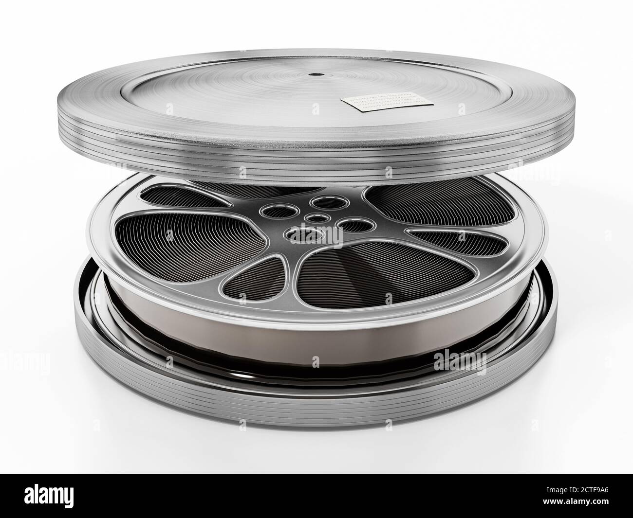 Film reel inside metal container. 3D illustration Stock Photo - Alamy