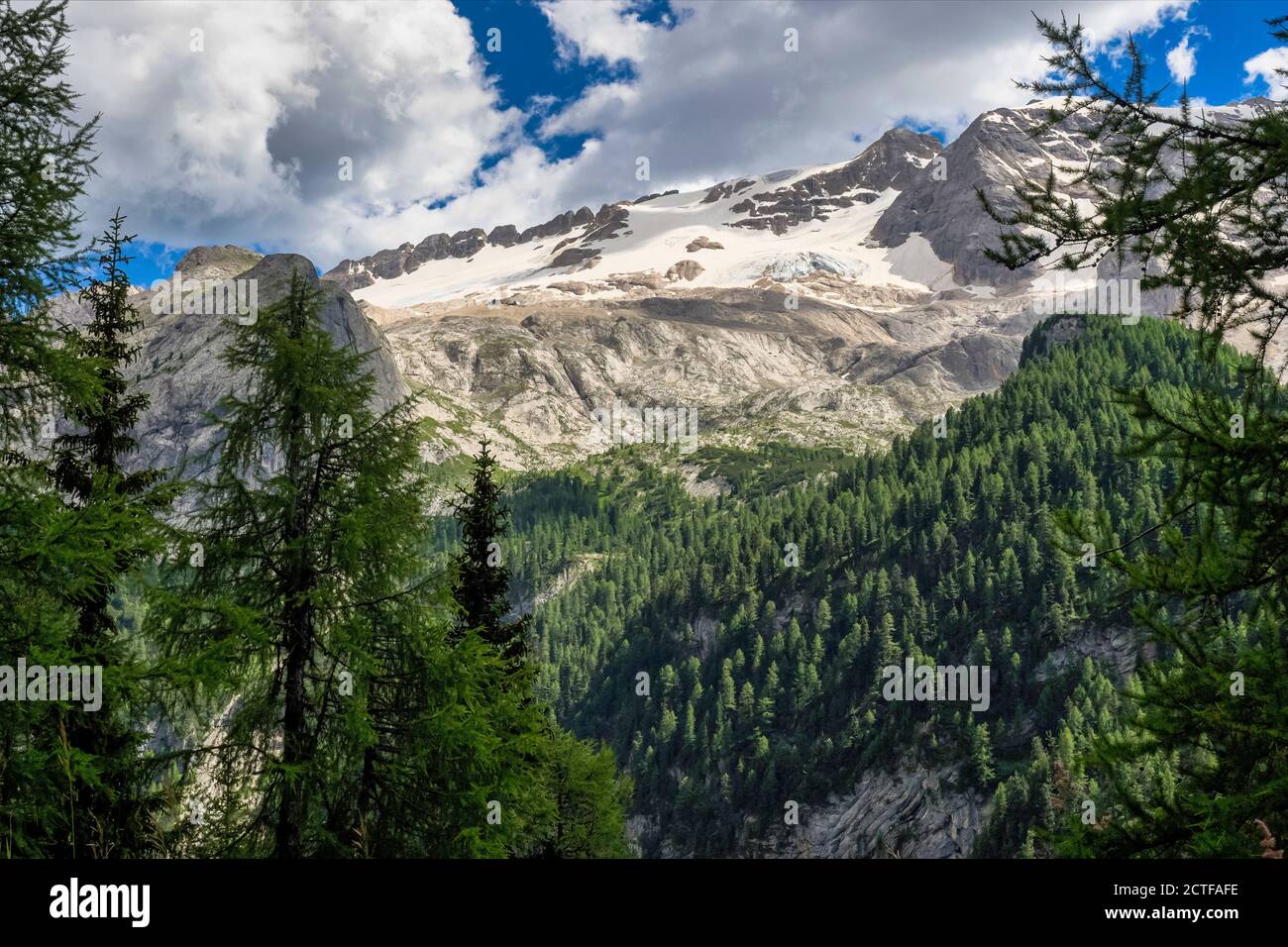 Alpine landscape in the Dolomites, Italy. Glacier Marmolada and Fedaia ...