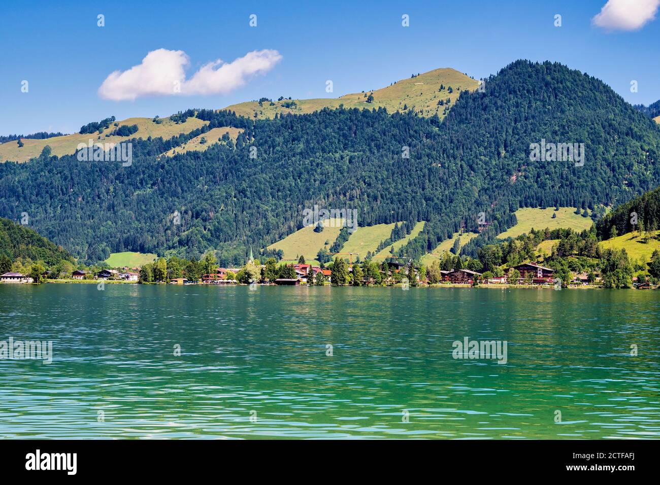 Lake Walchsee near Koessen at the Wilder and Zahmer Kaiser in Tirol ...