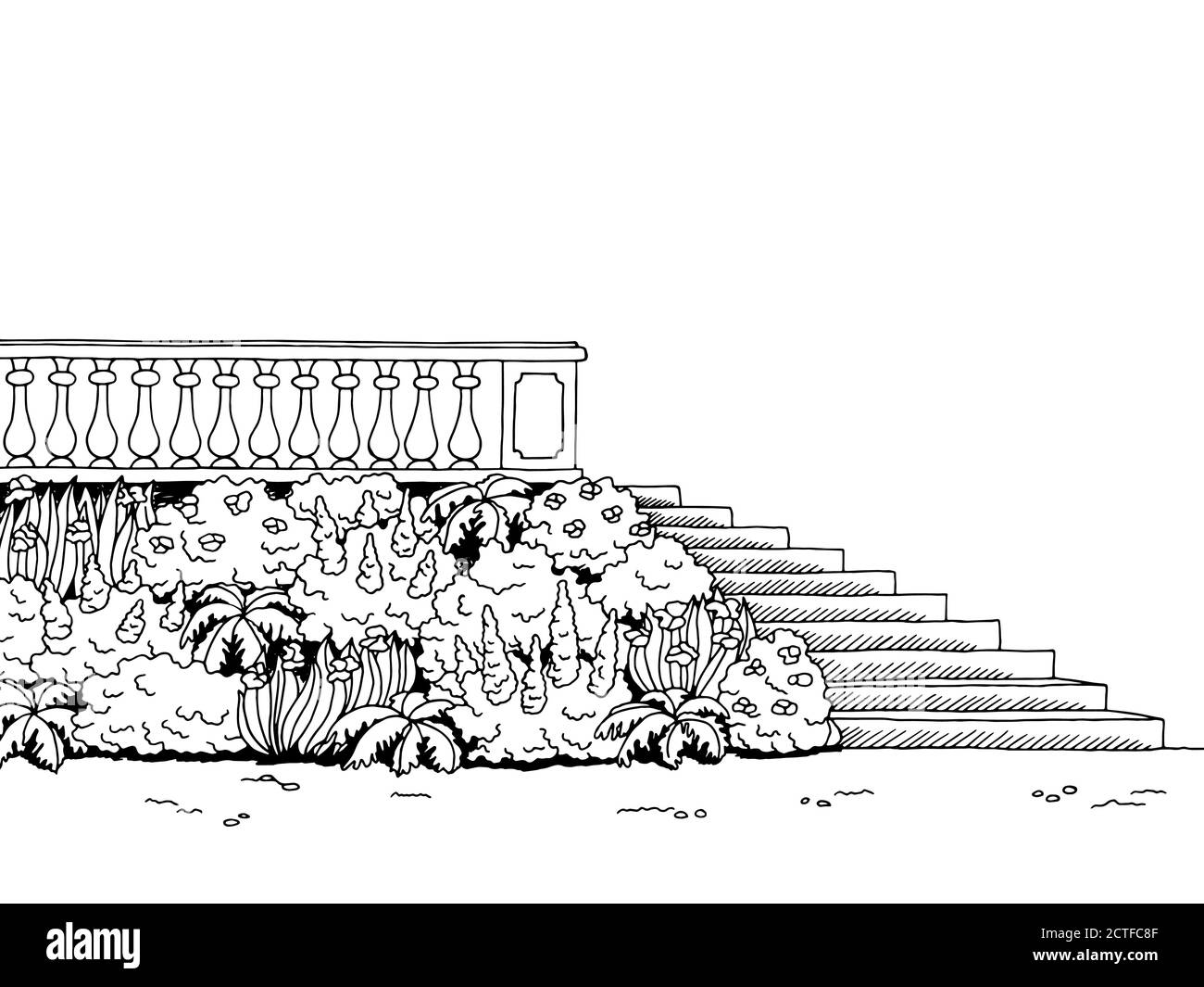 Garden stairs graphic art park black white landscape sketch ...