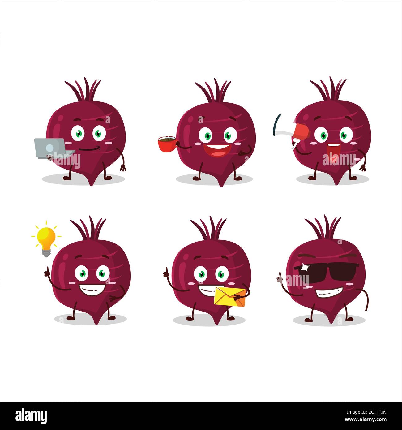 Beet root cartoon character with various types of business emoticons ...