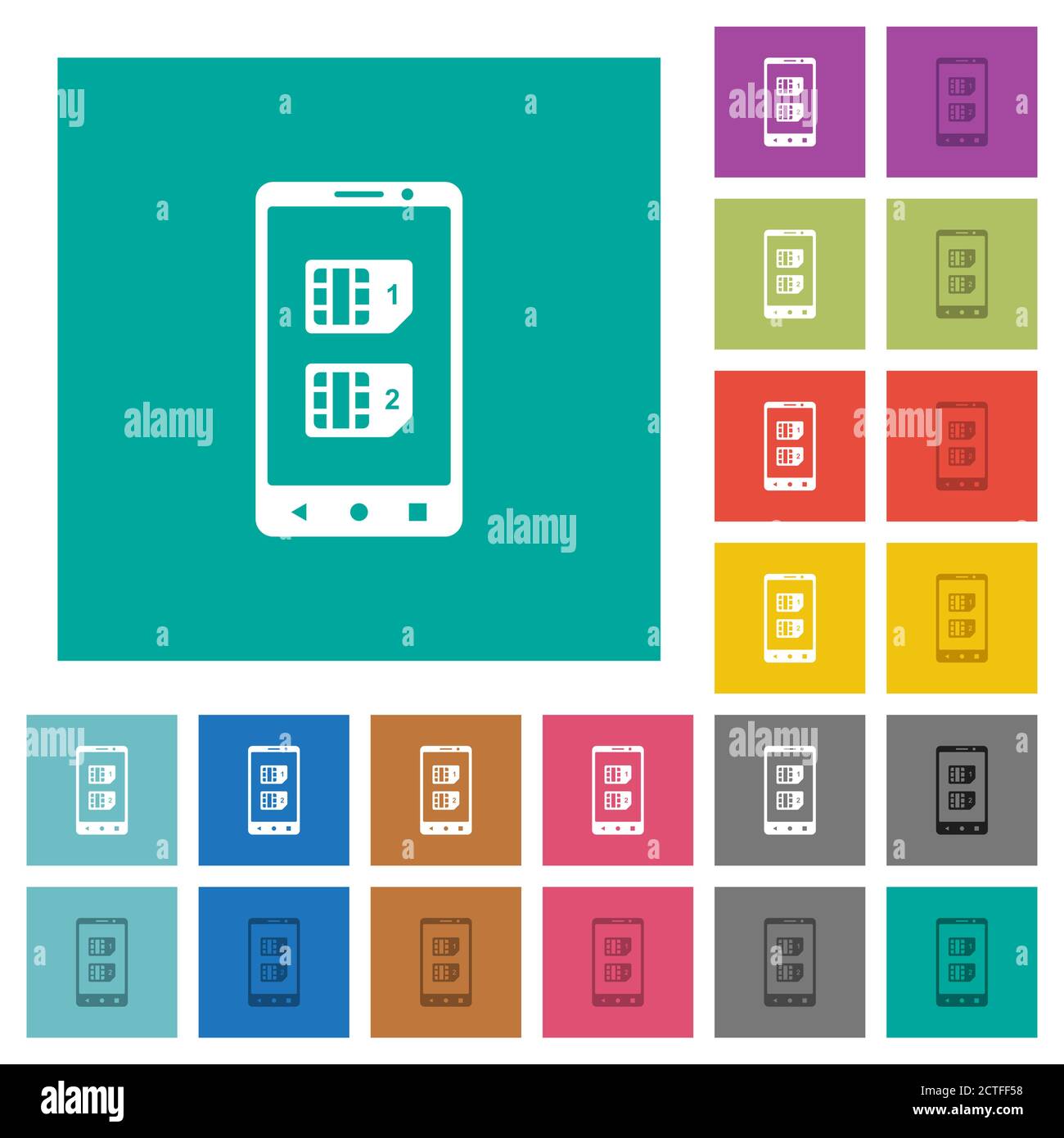 Dual SIM mobile multi colored flat icons on plain square backgrounds ...