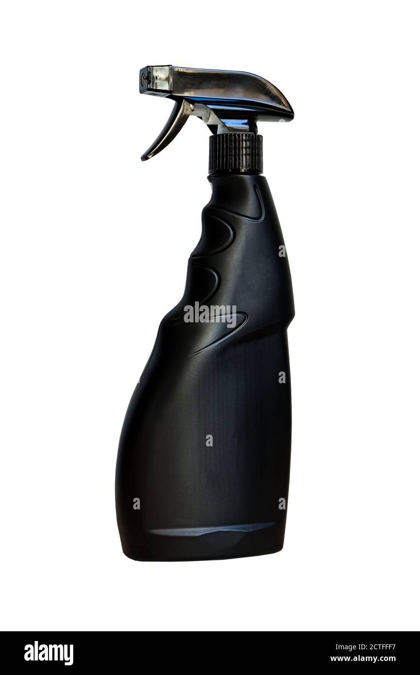 Black blank plastic spray detergent bottle isolated on white background ...