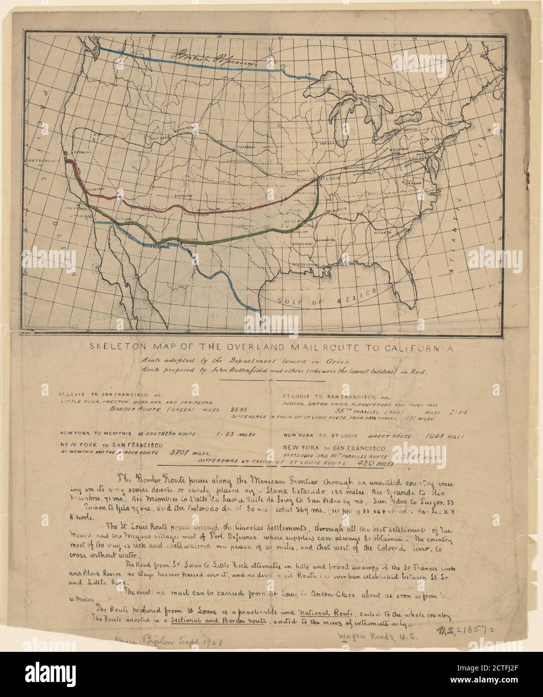 Skeleton map of the overland mail route to California, cartographic ...