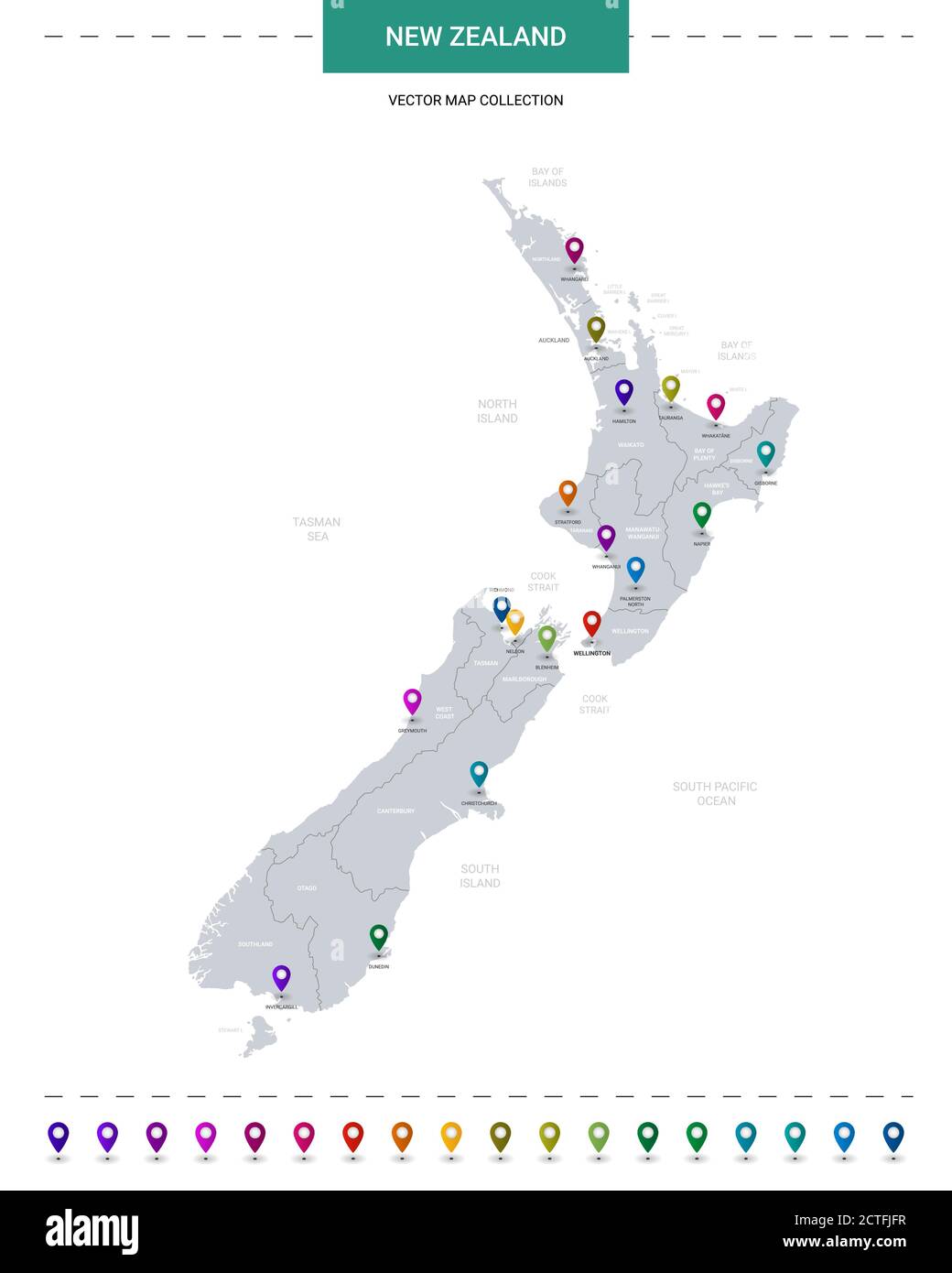 New Zealand map with location pointer marks. Infographic vector ...