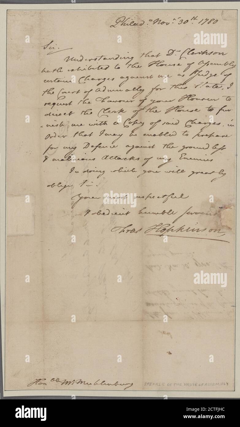 Letter to Frederick Muhlenburg, Speaker of the House of Assembly, text ...