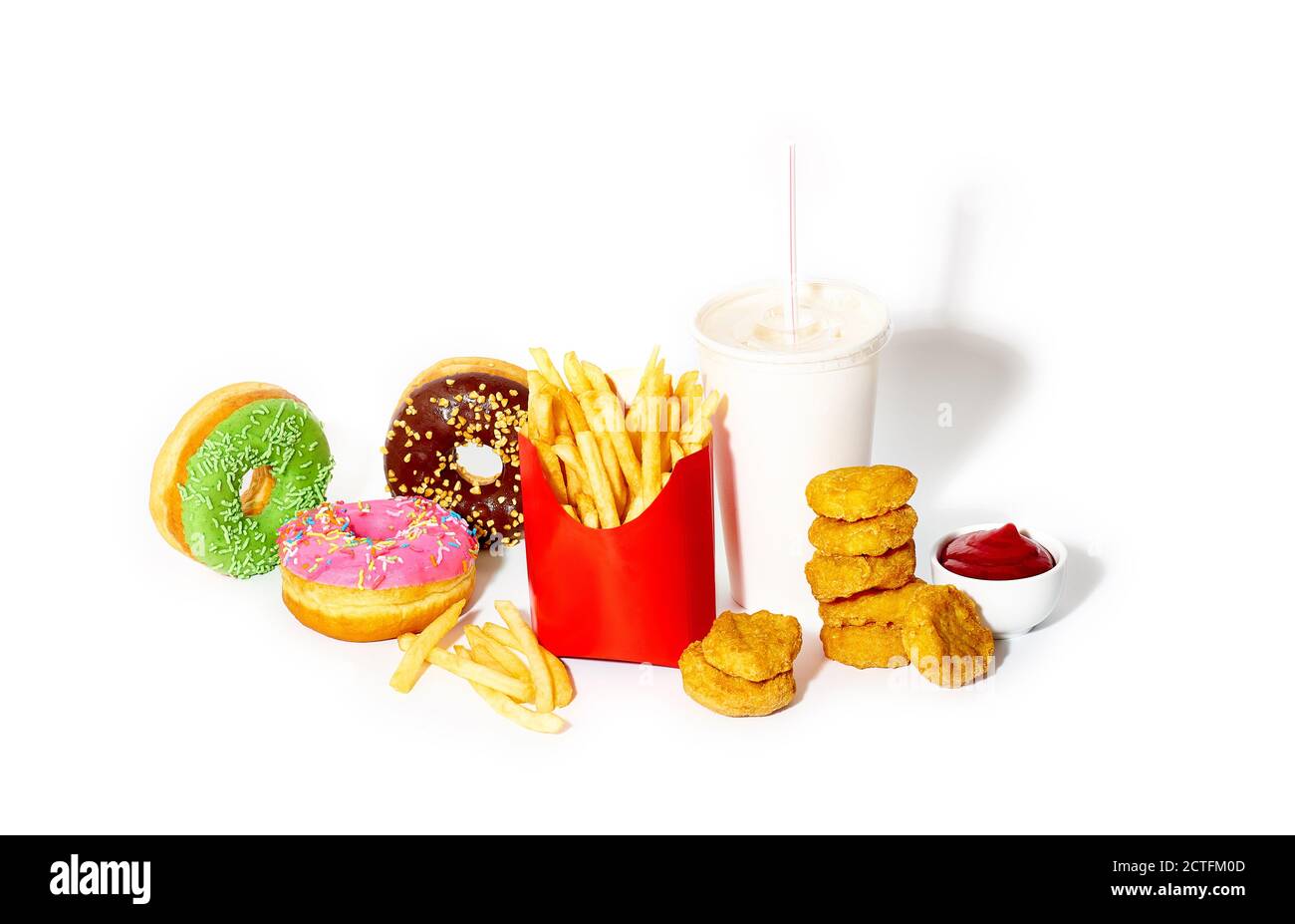Junk food meal on white background. French fries, chicken nuggets ...