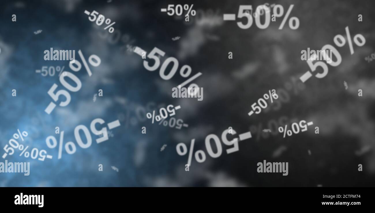 Flying -50% discount symbols over light blue and grey background Stock ...