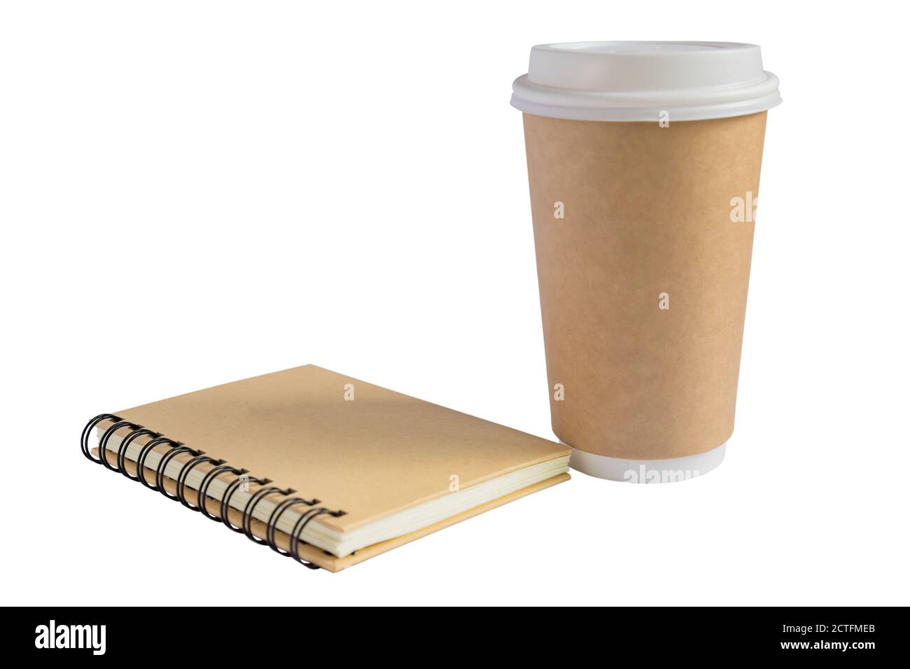 craft paper coffee cup and notebook diary with copy space on white ...