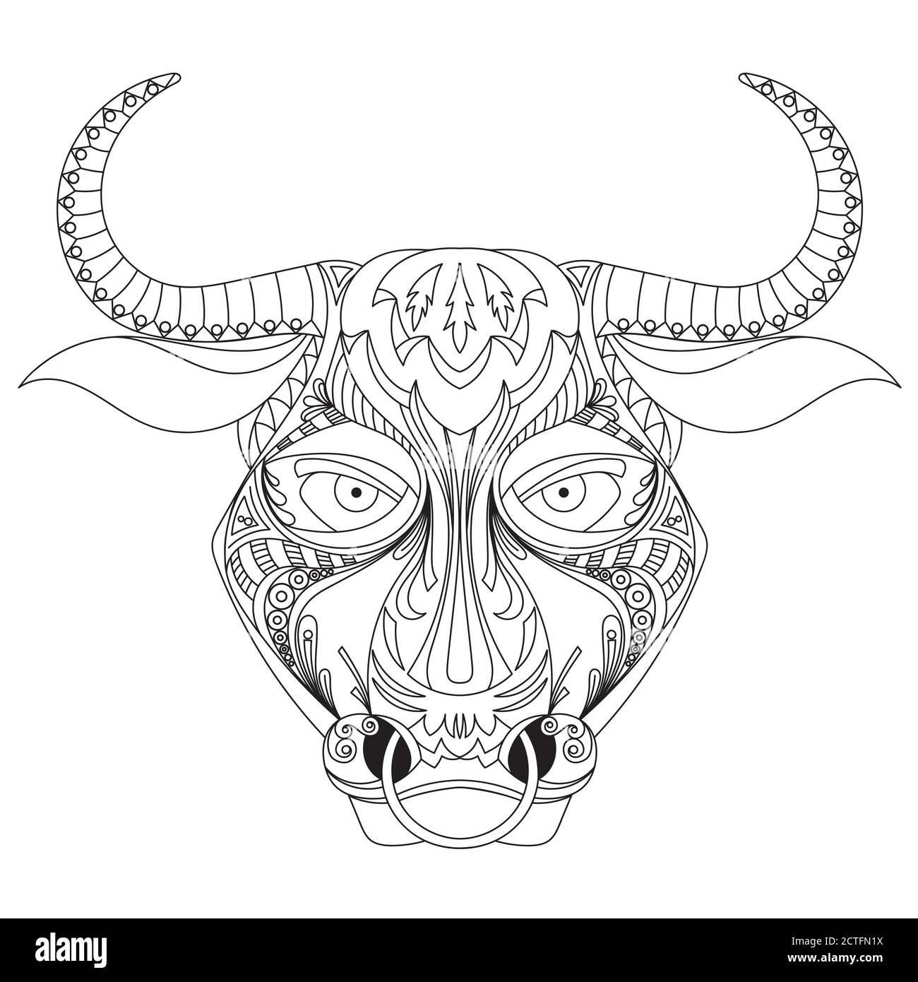 Hand drawn doodle outline bull head decorated with ornaments.Vector ...
