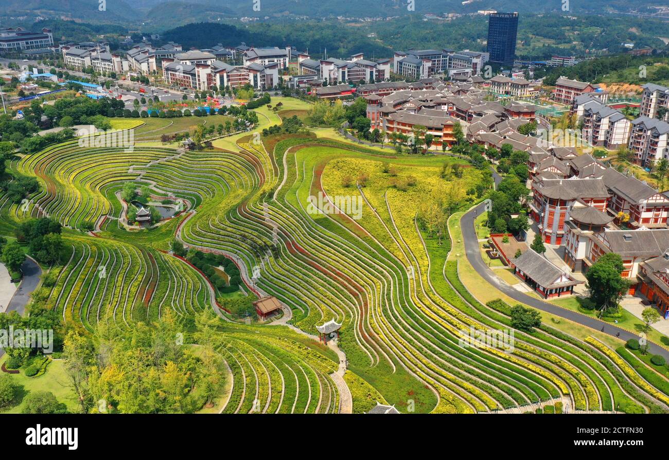 Aerial view of the terraces in Bijie city, south China's Guizhou ...