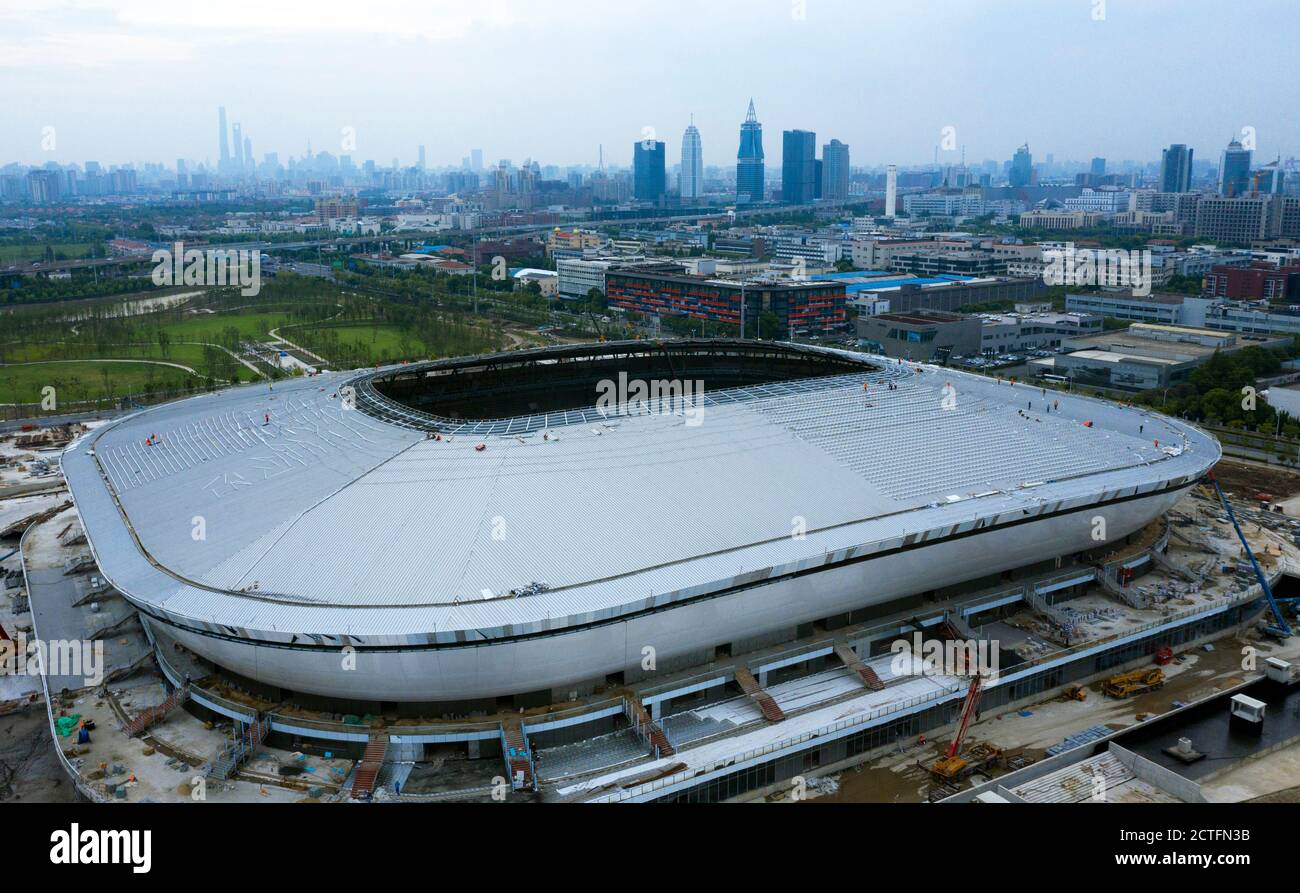 An aerial view of the Pudong Football Stadium under construction ...