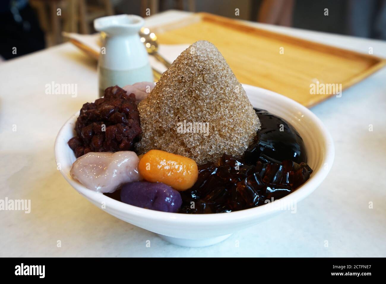 Close up Bao Bing (Tsuabing), Taiwanese shaved ice dessert topped with ...