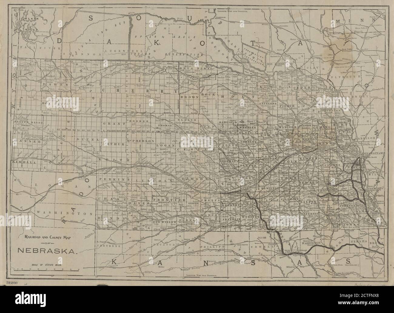 Railroad and county map of Nebraska, cartographic, Maps, 1890 Stock ...