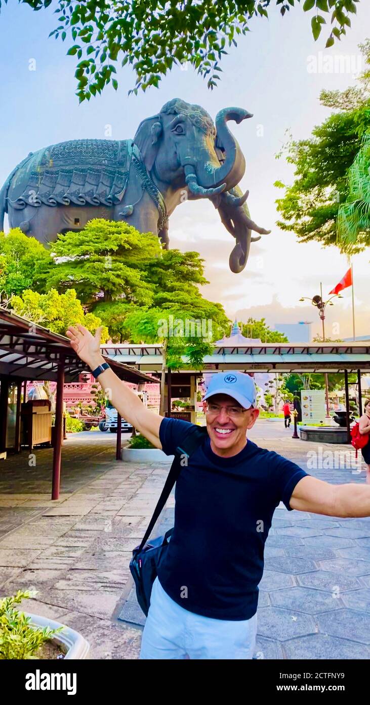 Erawan Museum three headed elephant statue tourist poses Stock Photo ...