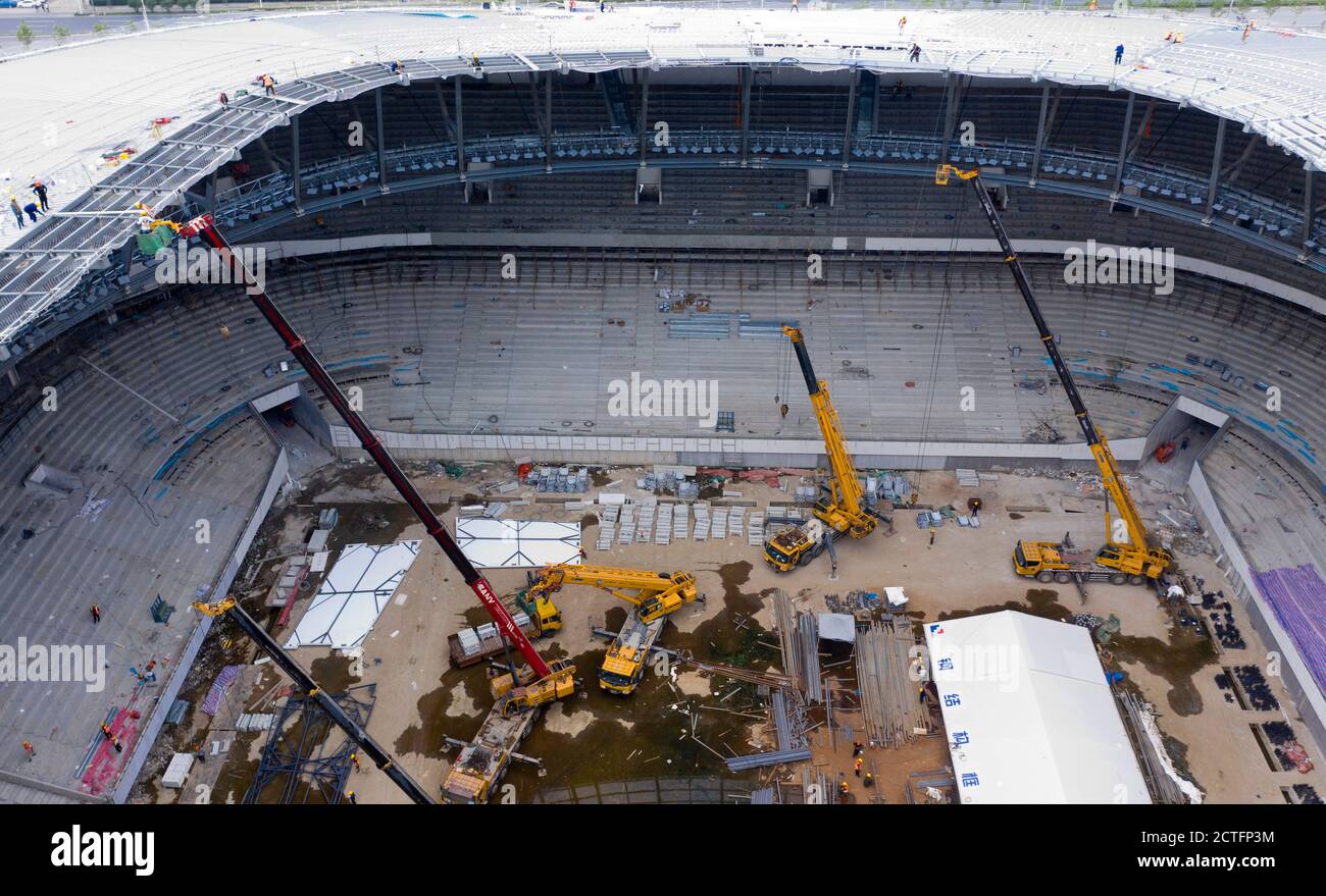 An aerial view of the Pudong Football Stadium under construction ...