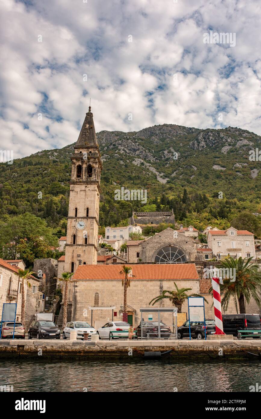 Perast historic town at Kotor bay. Ancient city in Montenegro. Chapel ...