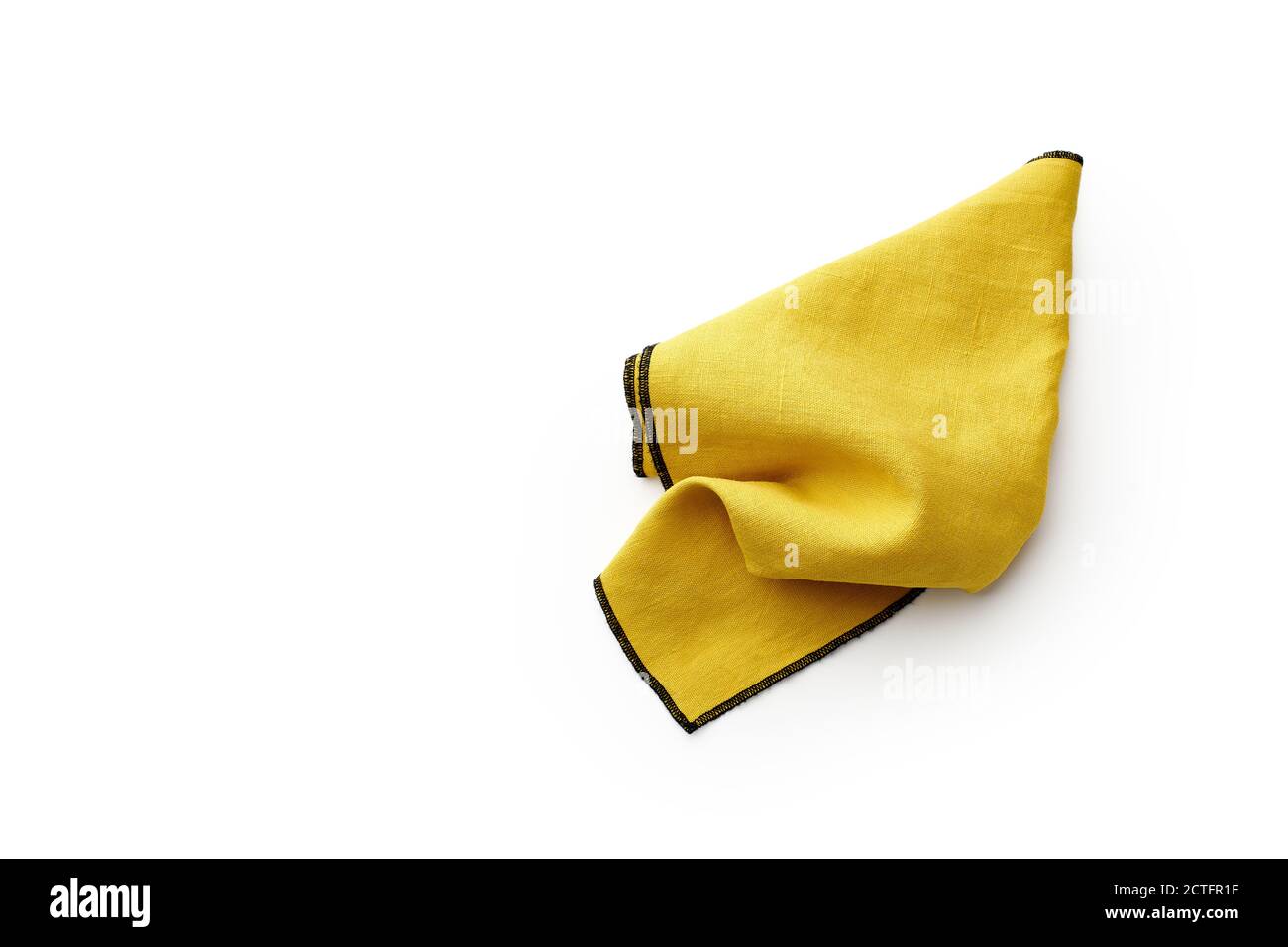 Flat lay with yellow linen kitchen napkin isolated on white background ...