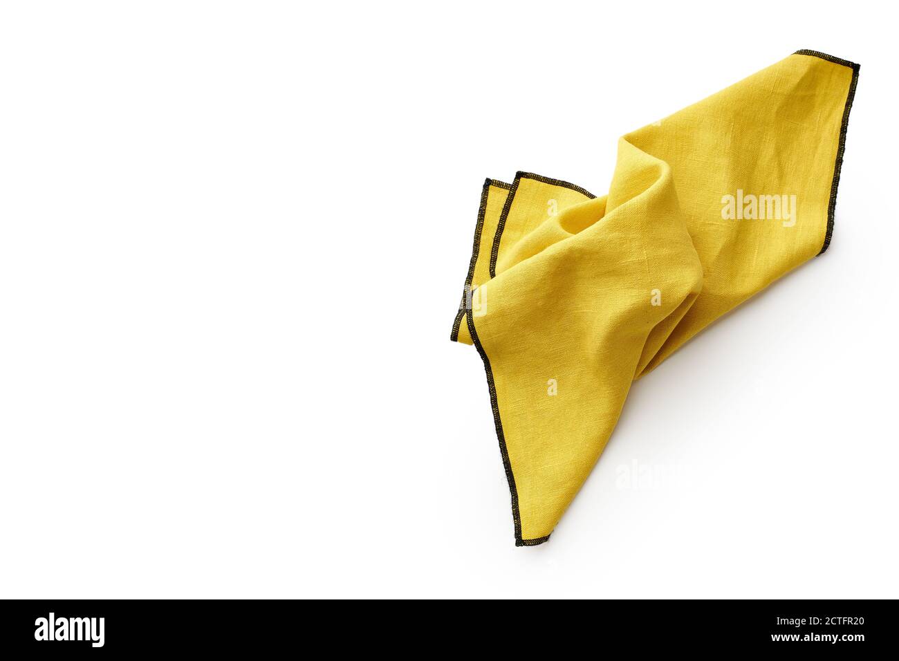 Flat lay with yellow linen kitchen napkin isolated on white background ...