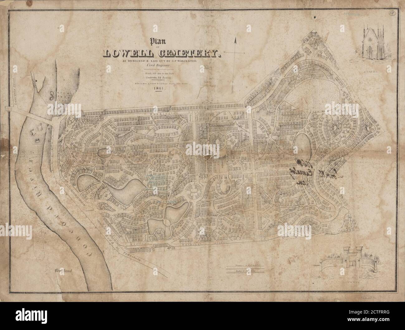 Plan of Lowell Cemetery, cartographic, Maps, 1841, Worcester, George ...