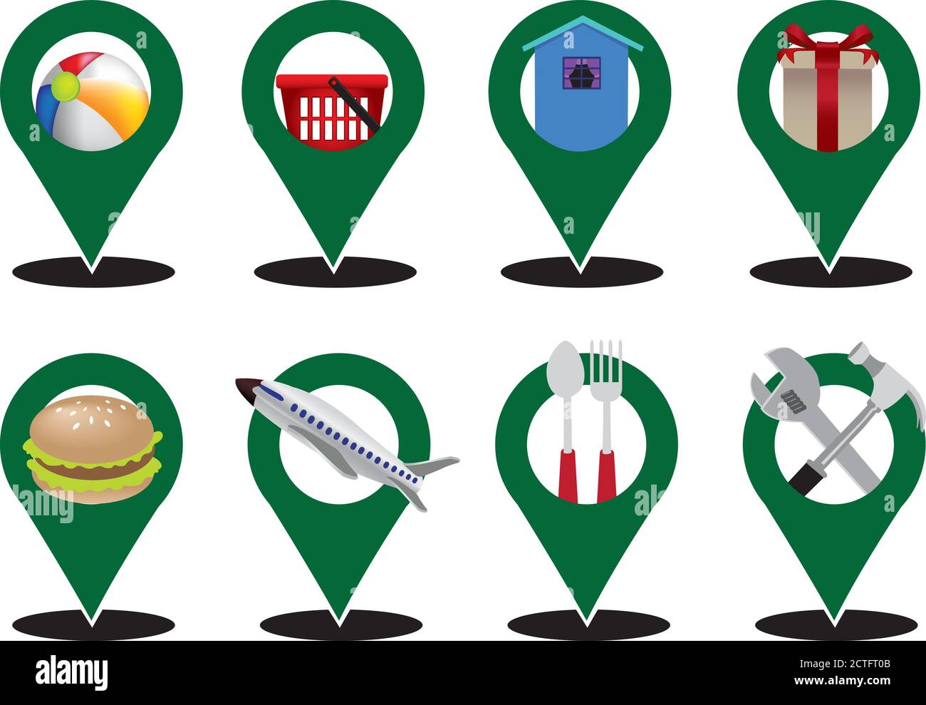 Set of eight map marker icons with conceptual symbols as web button ...