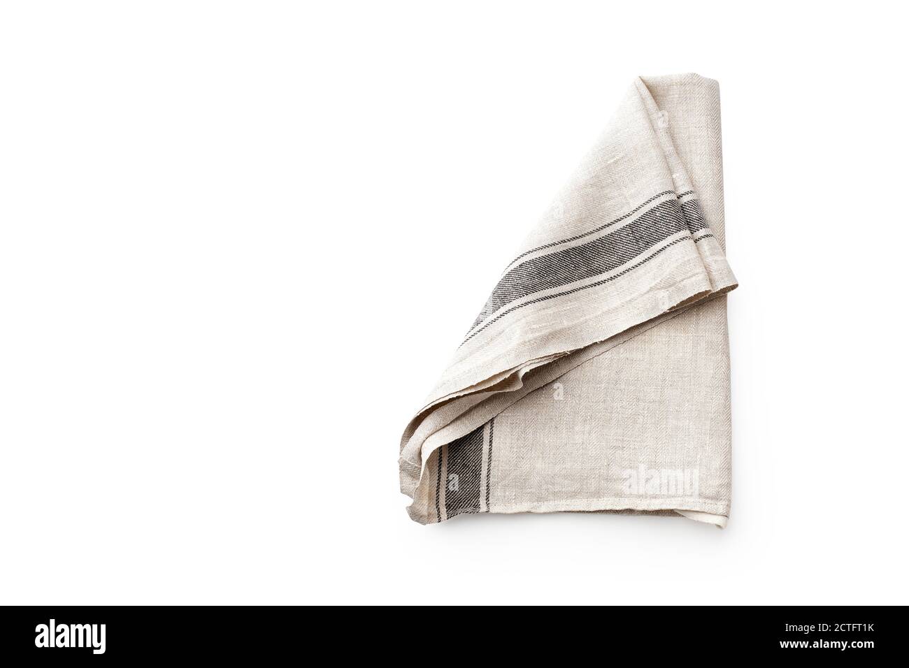 Flat lay with rustic linen kitchen napkin isolated on white background ...