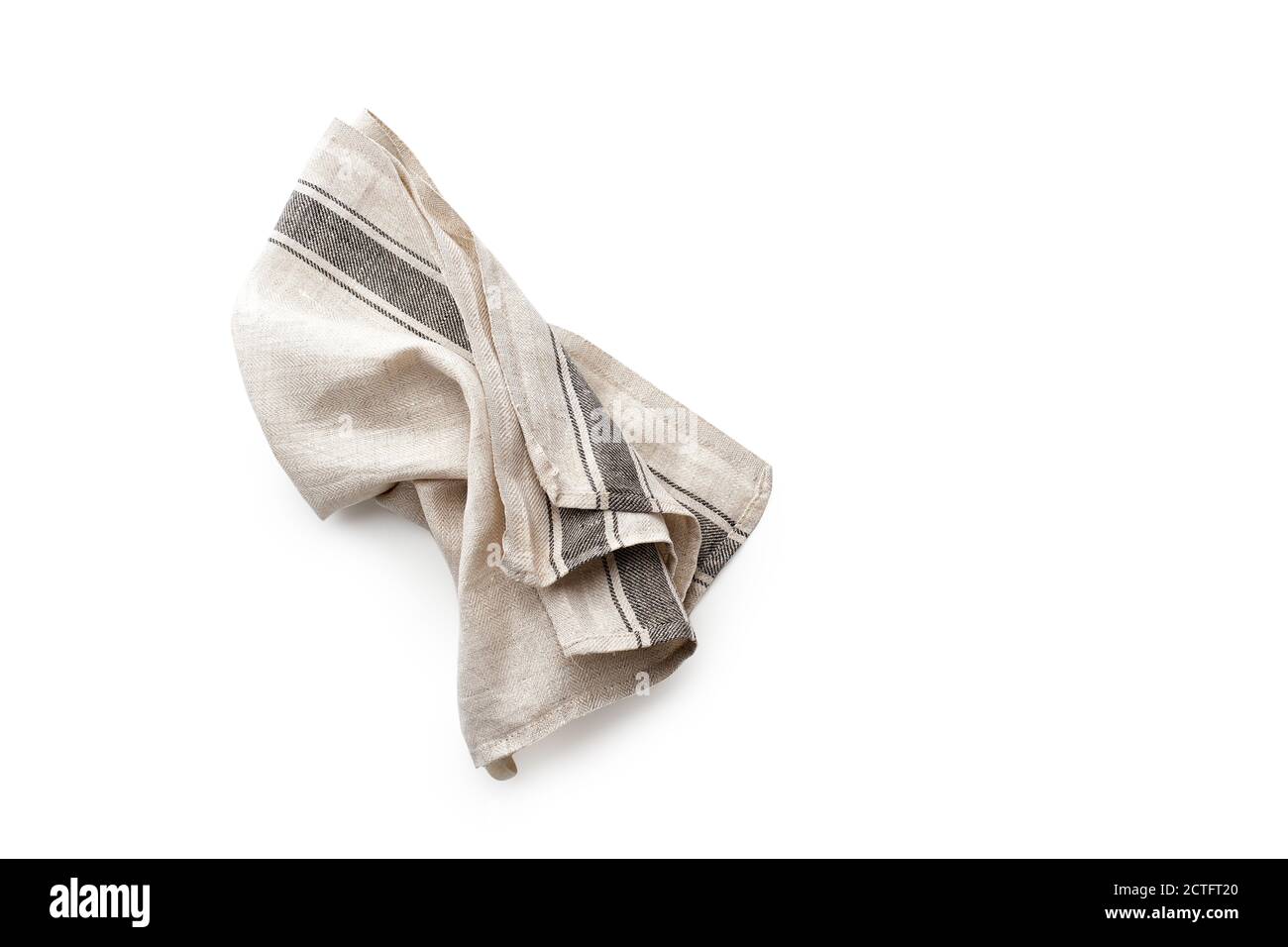 Flat lay with rustic linen kitchen napkin isolated on white background ...