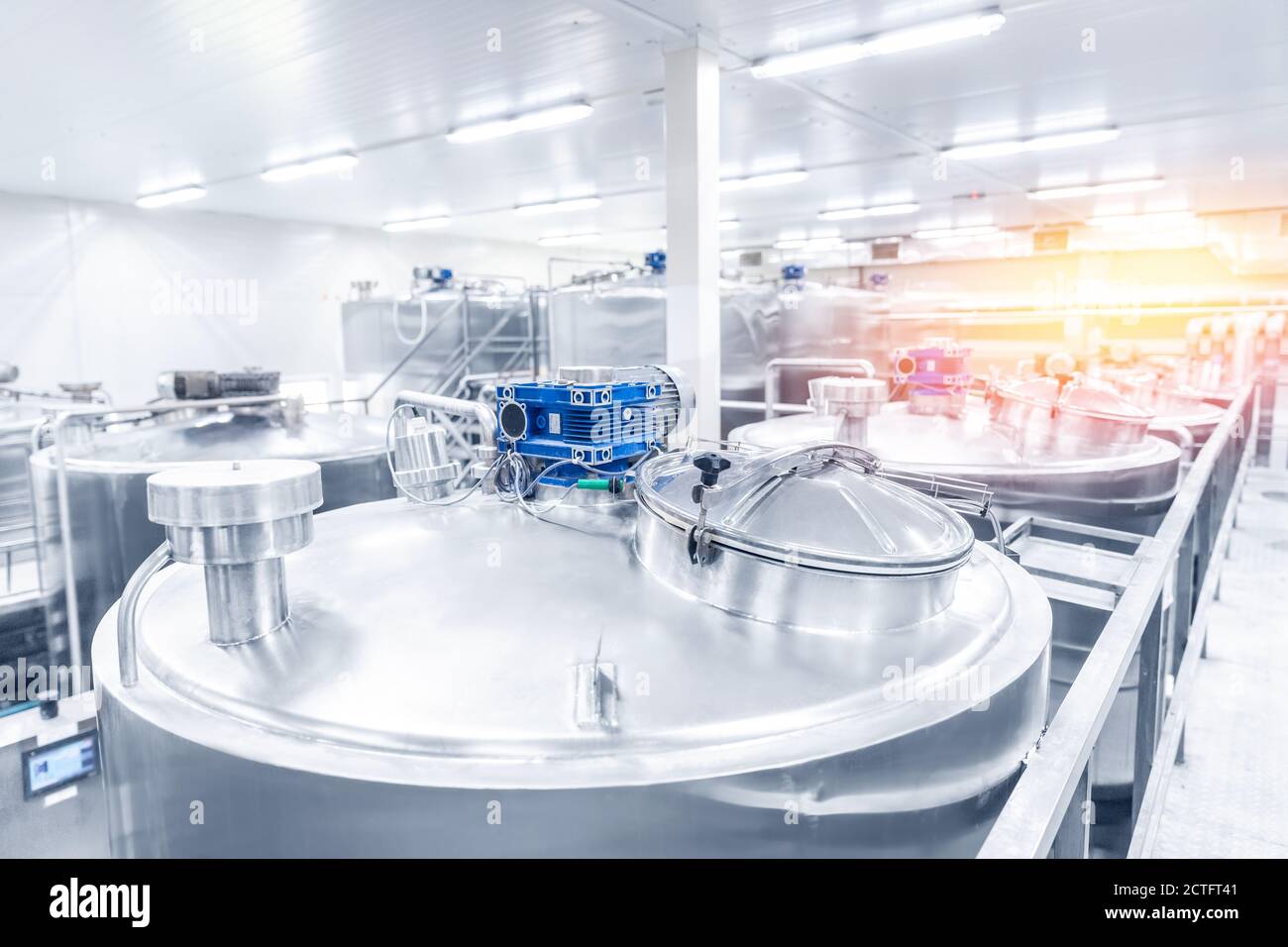 Equipment dairy plant, milk factory industry. Stainless steel storage ...